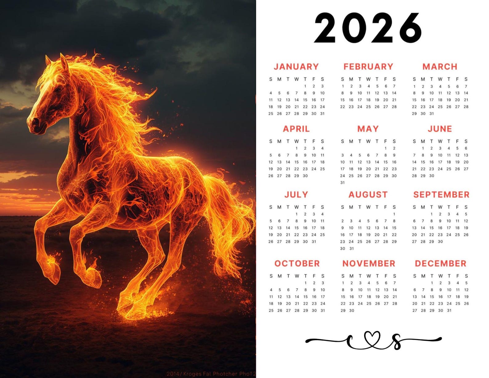 Fire Horse Calendar 2026 - Monthly Printable PDF Calendar - Etsy