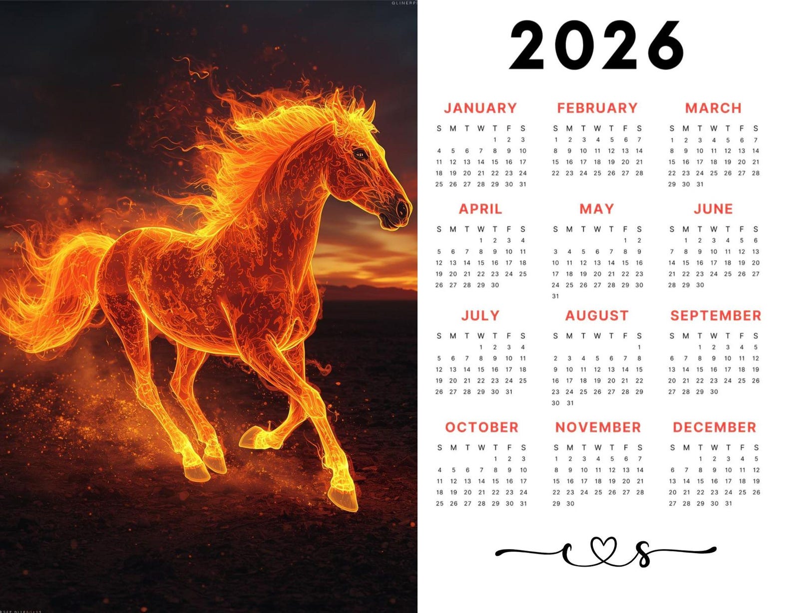 Fire Horse Calendar 2026 - Monthly Printable PDF Calendar - Etsy
