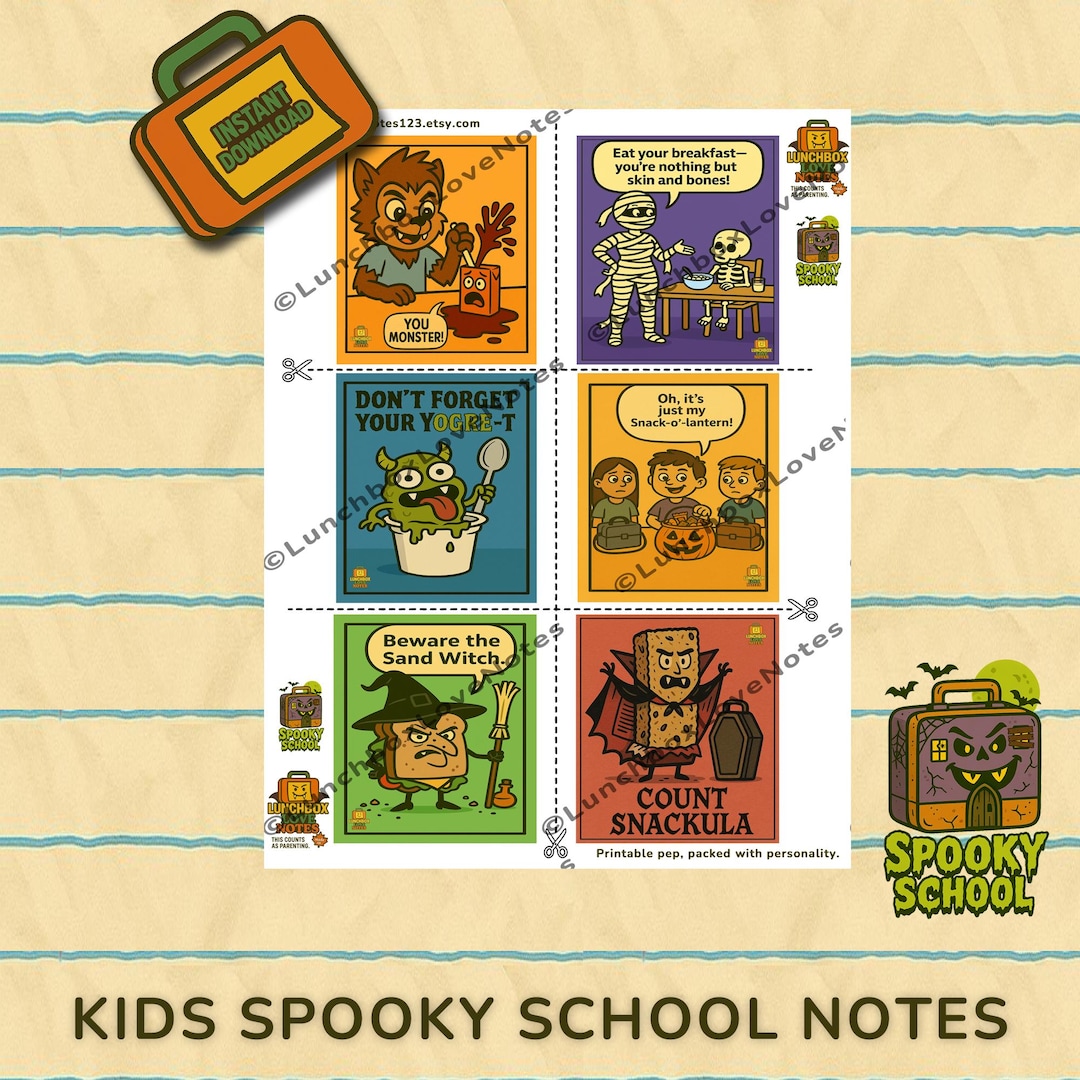 Spooky School Kids Printable Lunchbox Notes - Funny Halloween Lunch ...