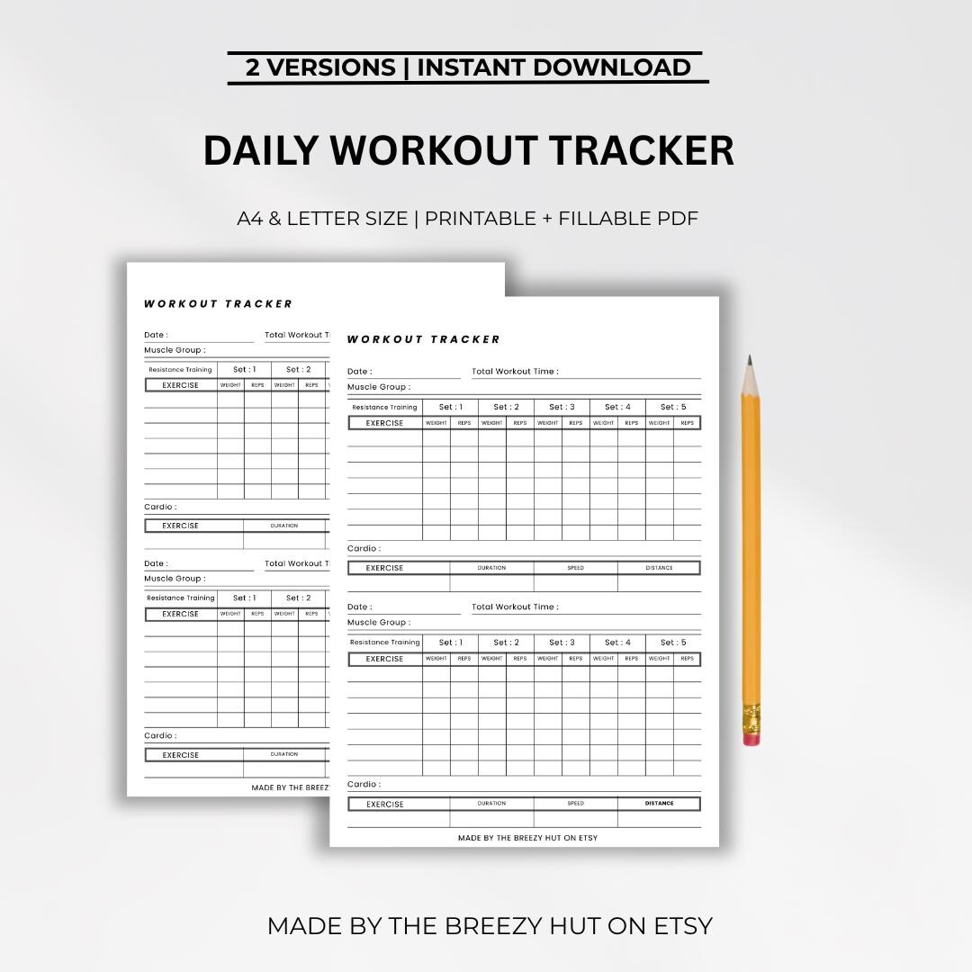 Workout Printable, Daily Exercise Log, Workout Journal, Fitness & Wellness Planner, Instant ...