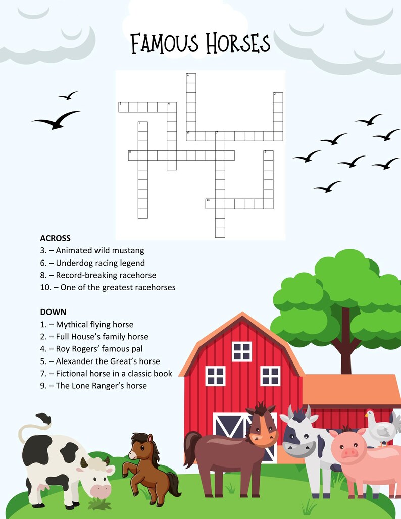Horse Crossword Puzzle Bundle for Kids – 10 Printable Educational ...