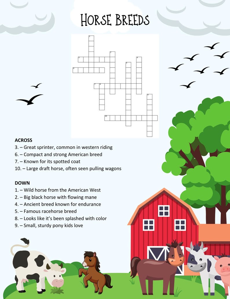 Horse Crossword Puzzle Bundle for Kids – 10 Printable Educational ...