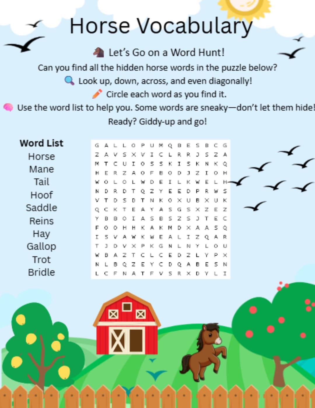 Printable Horse Word Search Puzzles for Kids – 10 Worksheets + Answer ...