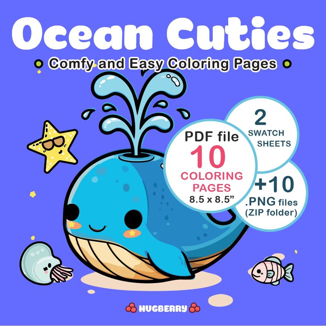 Kawaii Sea Life Coloring Book: 10 Ocean Animals Coloring Pages PDF/PNG ...