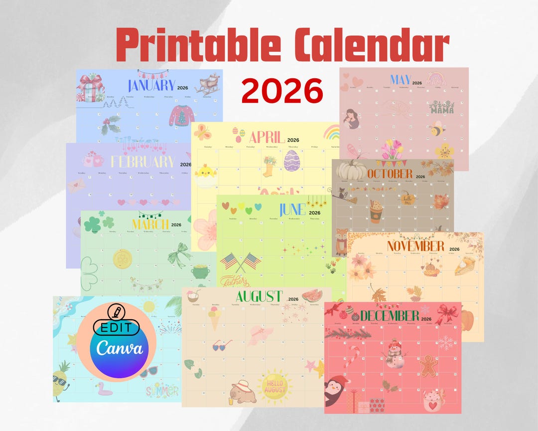 2026 Printable Calendar: Kawaii Pastel Monthly Planner Digital Download ...