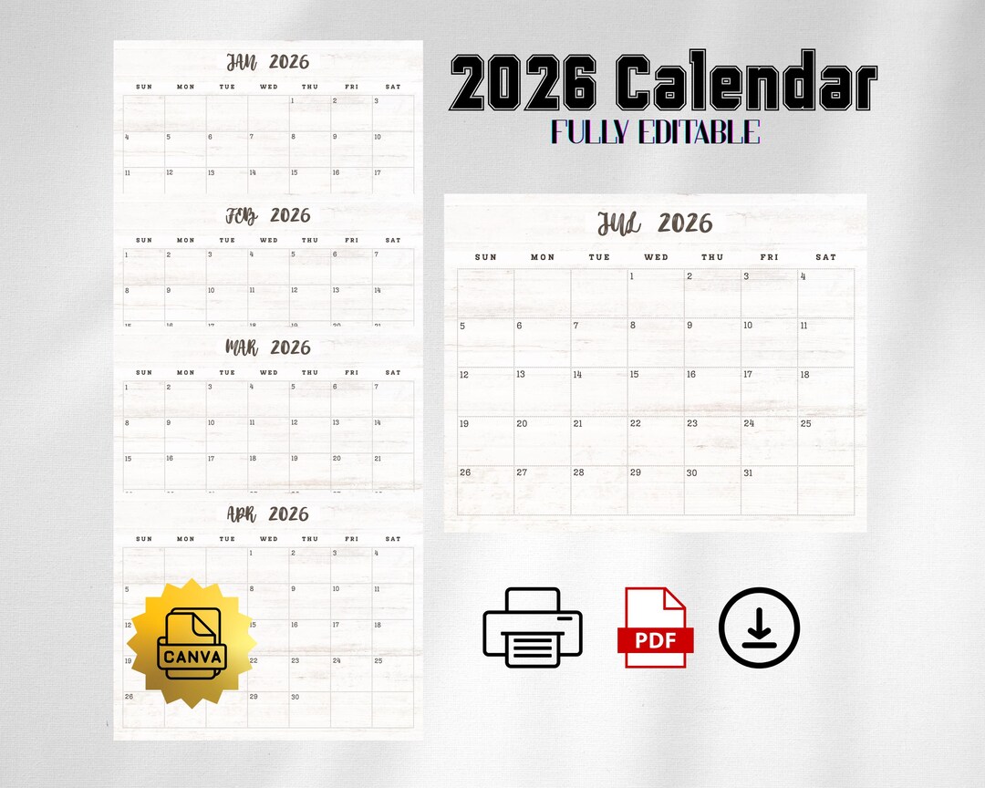 2026 Editable Printable Calendar 2026 Monthly Planner Template, Canva ...