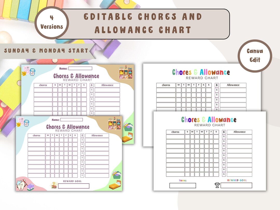 Chore & Allowance Chart , Editable Responsibility Tracker , Reward ...