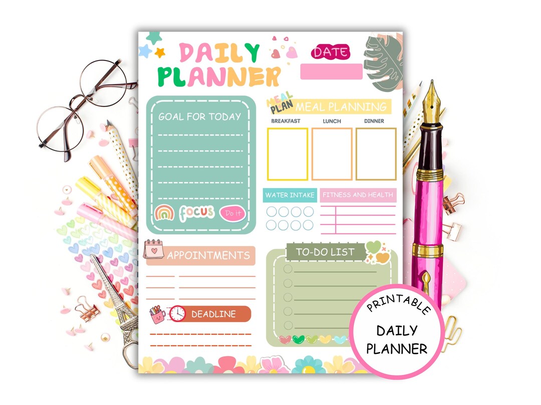 Colorful Daily Planner Printable, Cute Girly Planner for Women, Daily ...