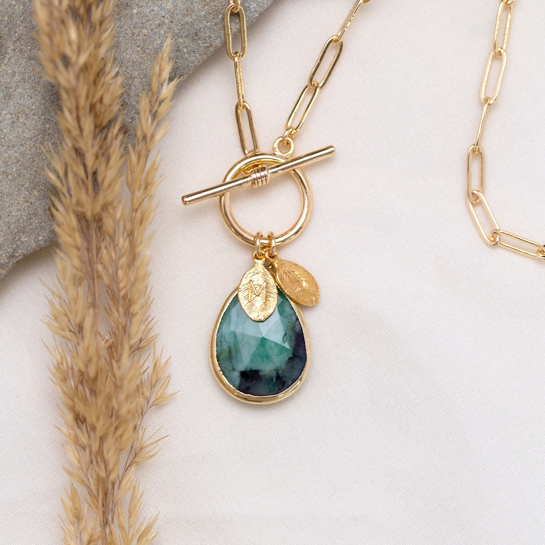 Paperclip Toggle Necklace With Custom Charms, Initial Name & Birthstone ...