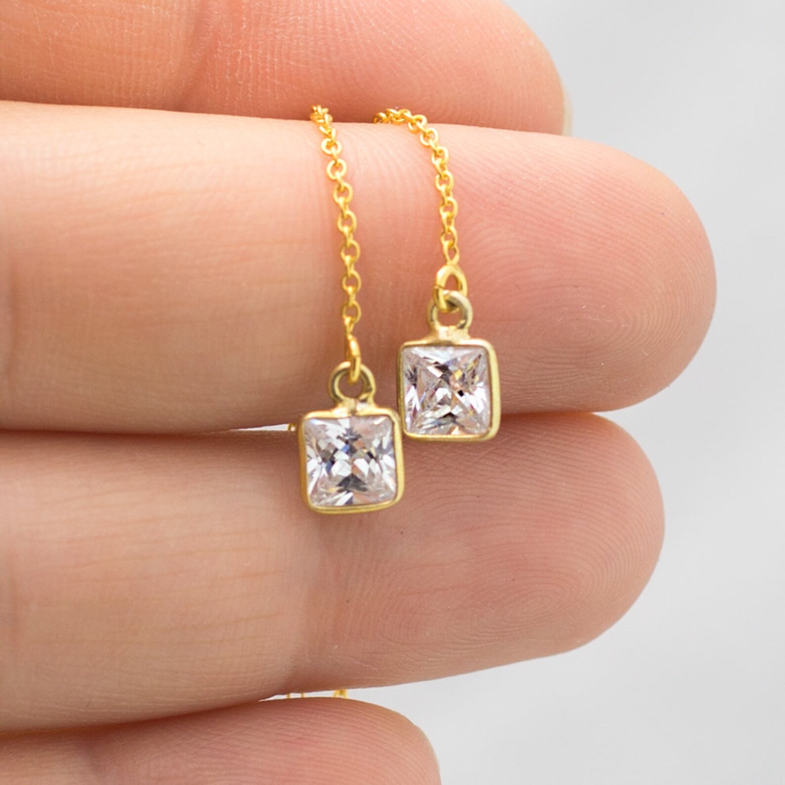 Gold Bridesmaid Threaders Modern Bridal Earrings Crystal - Etsy