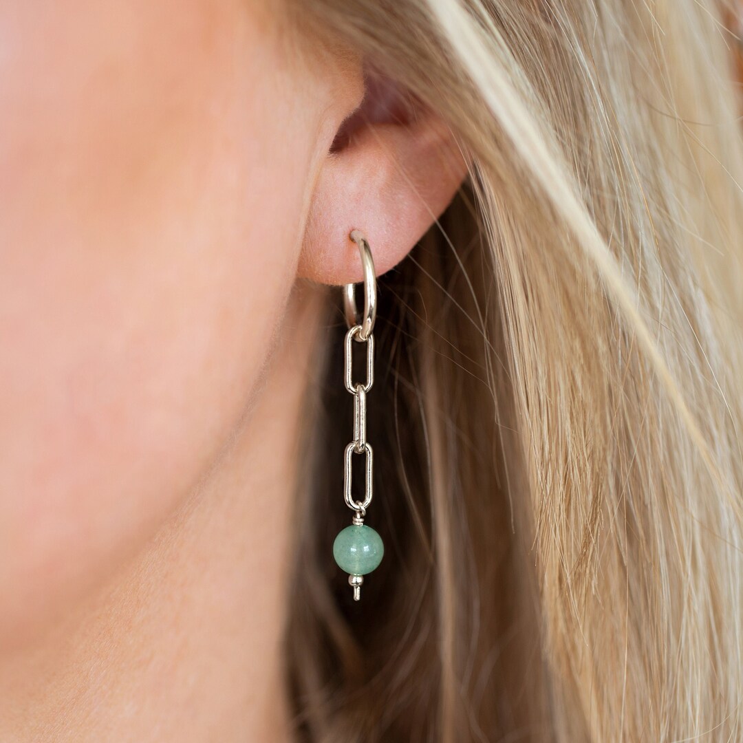 Silver Chain Drop Huggies, Green Aventurine Dangle Link Crystal Charm ...