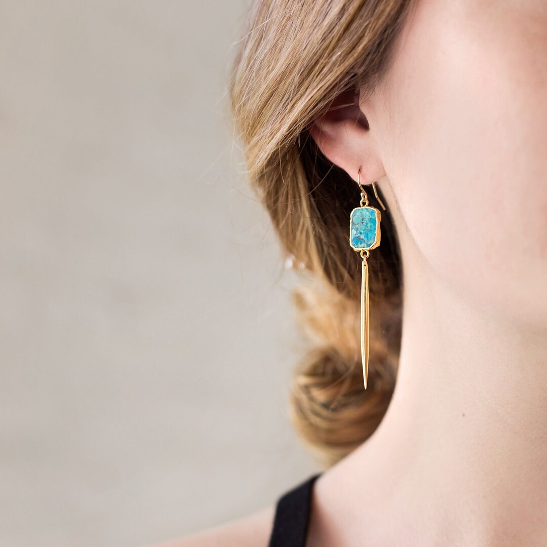 Blue Turquoise Bar Drop Earrings, Gemstone Slice, Natural Stone Dangle ...