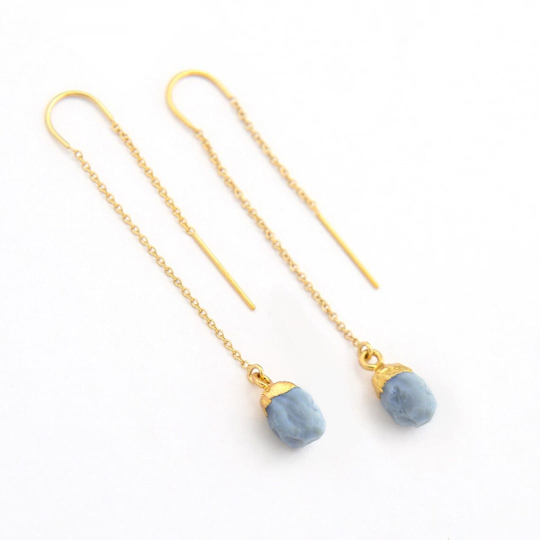 Something Blue Bridal Long Threader Earrings With Blue Opal, Dainty ...