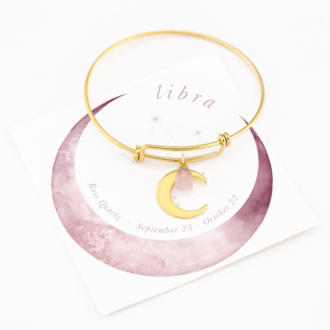 Libra Rose Quartz Moon Bangle, Raw Crystal October Birthstone Stacking ...