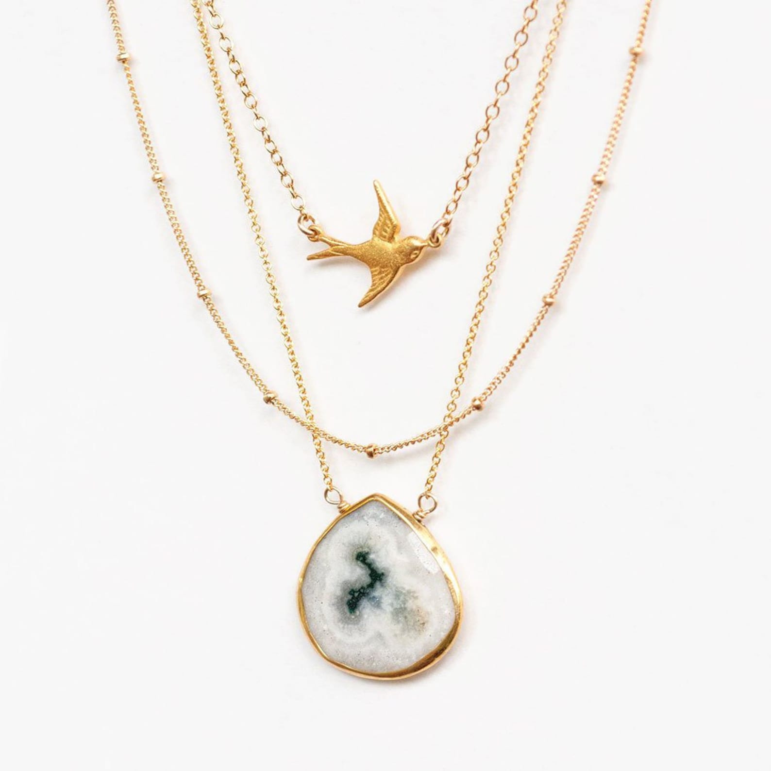Layering Necklace Set, Sparrow Bird, Bezeled Gemstone Pendant ...