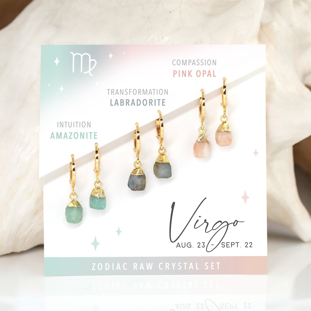 Virgo Huggie Set, Dainty Raw Crystal Hoops, Everyday Earring Gift Set ...