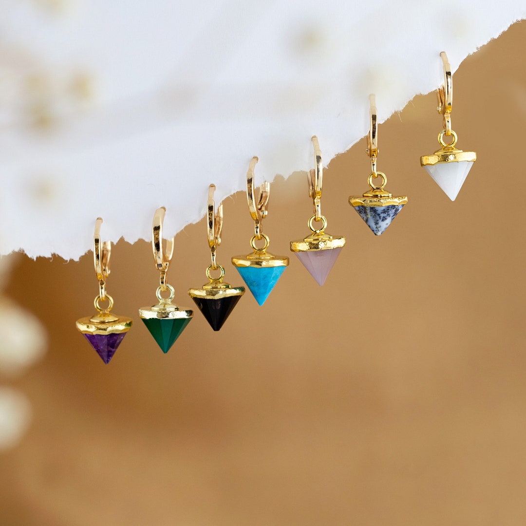 Gold Crystal Cone Huggies Hoop Earrings, Raw Emerald Hoops, Single Hoop ...
