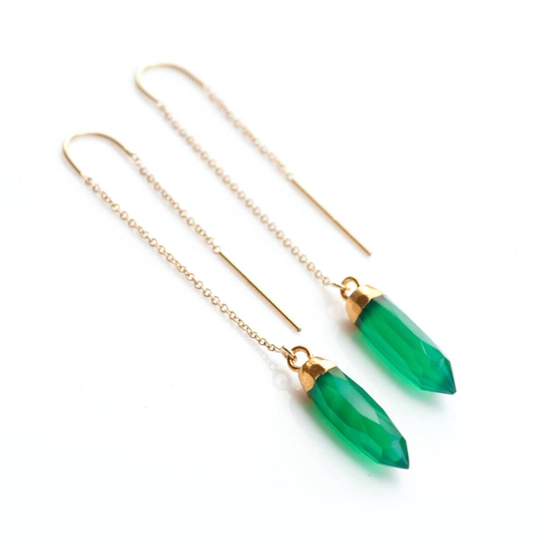 Green Onyx Earrings, Gold Spike Ear Threaders, 14k Gold Filled ...