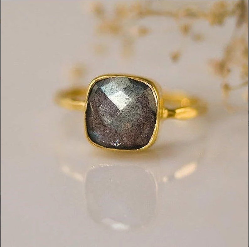 Labradorite Ring Gold, Natural Stone Ring, Cushion Cut Ring, Solitaire ...