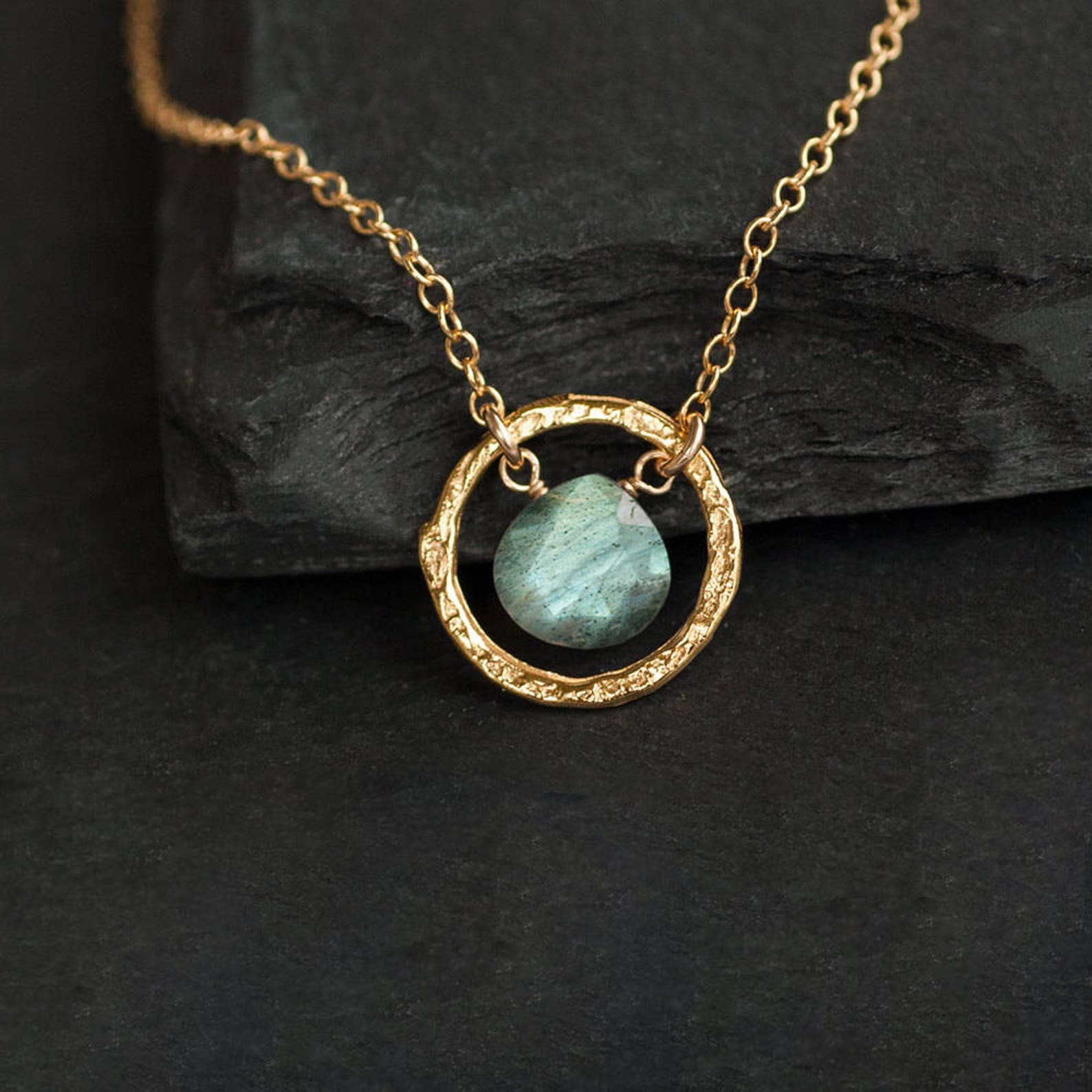 Labradorite Pendant Necklace, Hammered Circle Necklace, Dainty Gemstone ...