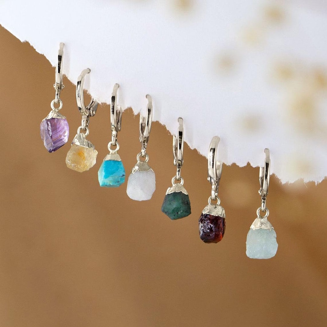 Silver Raw Crystal Huggies, Tiny Gemstone Charm Hoop Earrings, Dainty ...