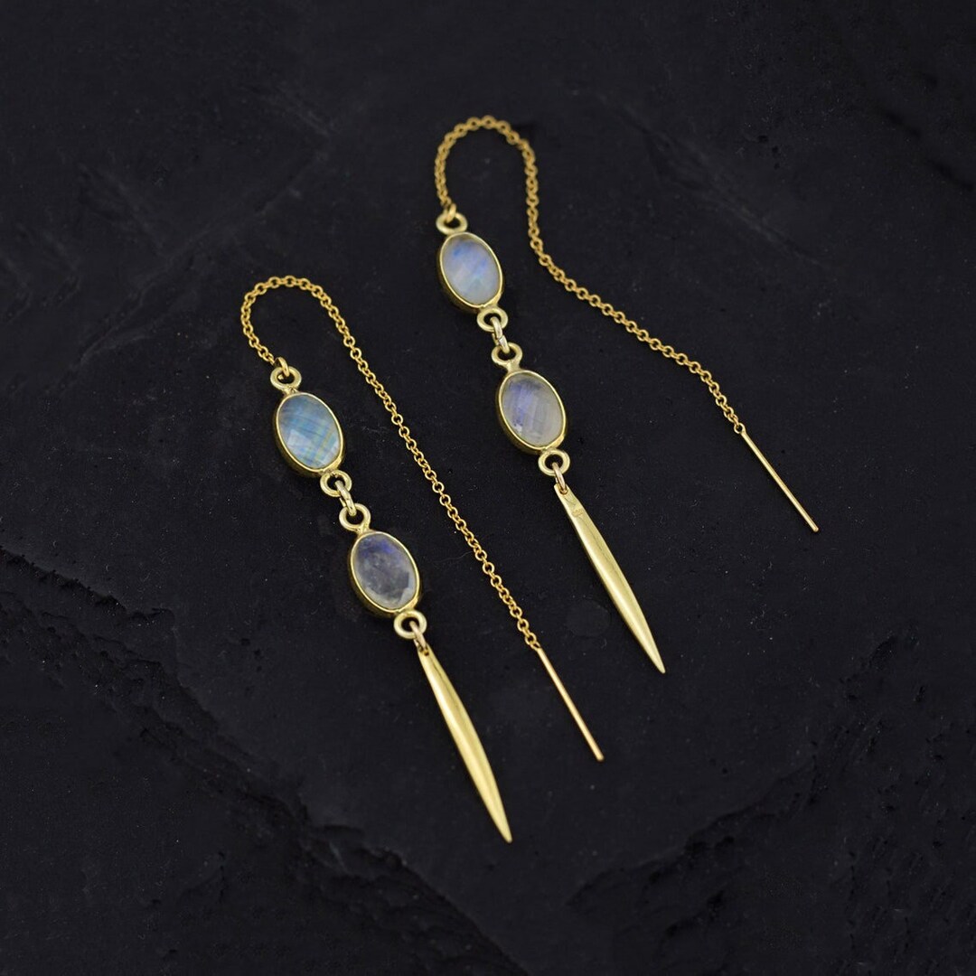 Rainbow Moonstone Threader Earrings, June Birthstone Earrings, Minimalist Gold Thread Thru ...