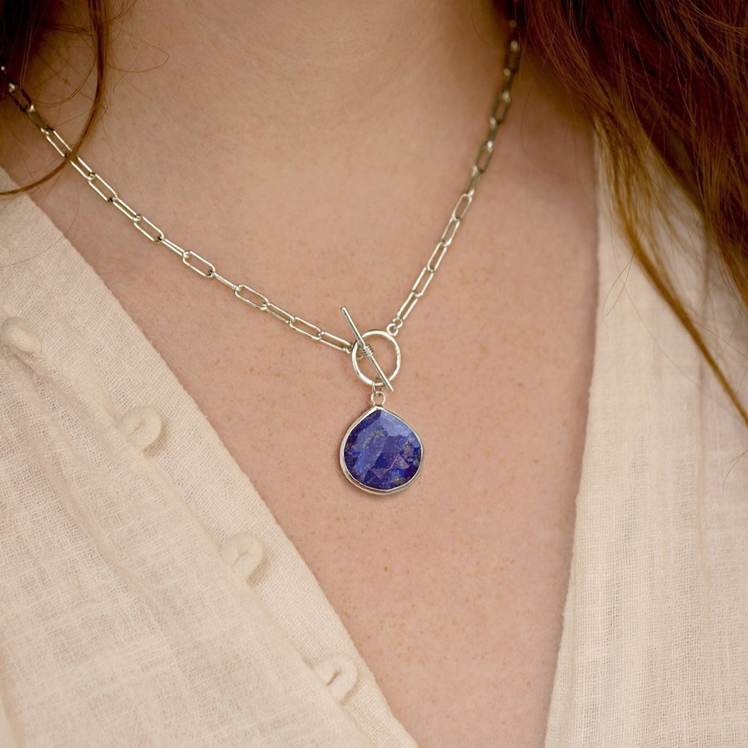 Lapis Lazuli Toggle Necklace, Silver Paperclip Chunky Chain Choker ...
