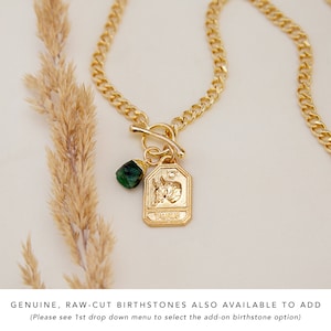 18K Gold Zodiac Sign Tag, Chunky Curb Chain Necklace Toggle, Rectangle Zodiac Pendant, Astrology ...