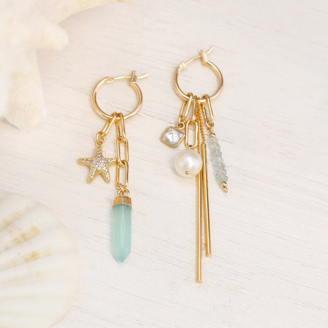 Beachy Charm Hoops, Summer Everyday Stacking Earrings Set, Customizable ...