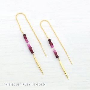 Ombre Ruby Earrings, Beaded Drop Earrings, July Birthstone Gift, Gemstone Bar Threaders, Gold ...