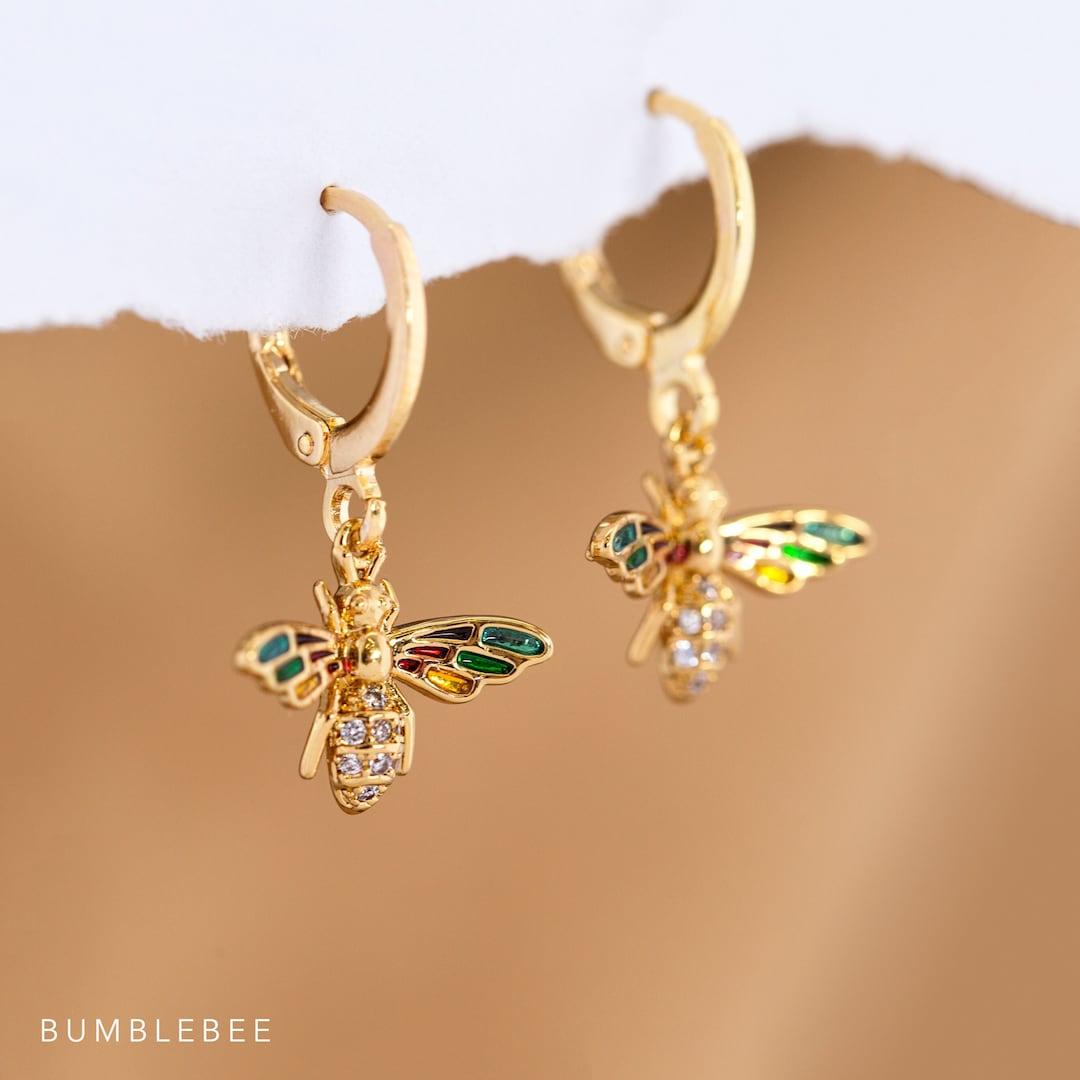 Dainty Bumblebee Huggies, Colorful Charm Hoops, Lightweight Everyday Stacking Earrings, Birthday ...