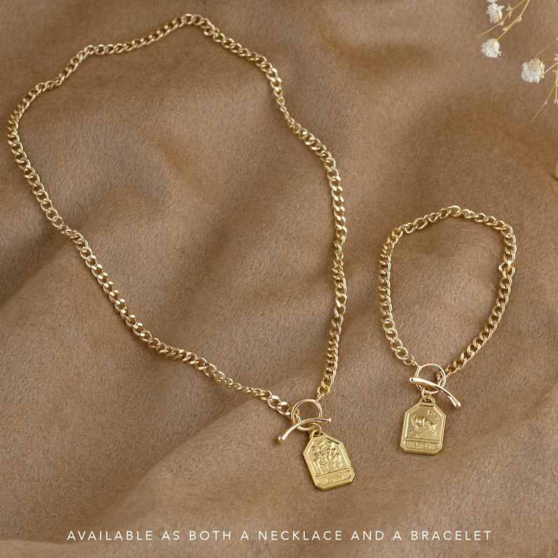 18K Gold Zodiac Sign Tag, Chunky Curb Chain Necklace Toggle, Rectangle ...