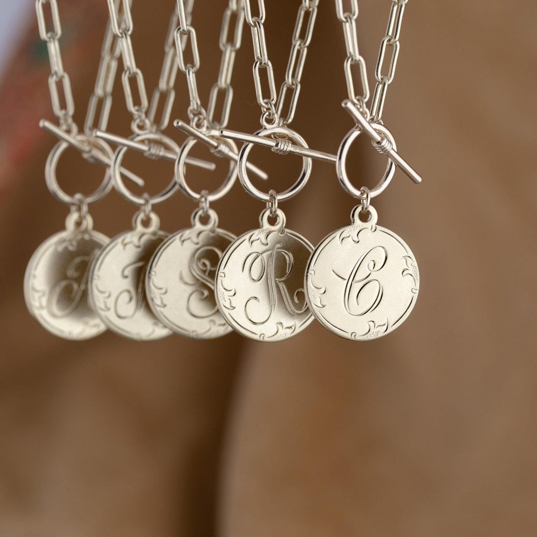 Unique Initial Necklace Silver Paperclip Chain, Custom Toggle Charm ...