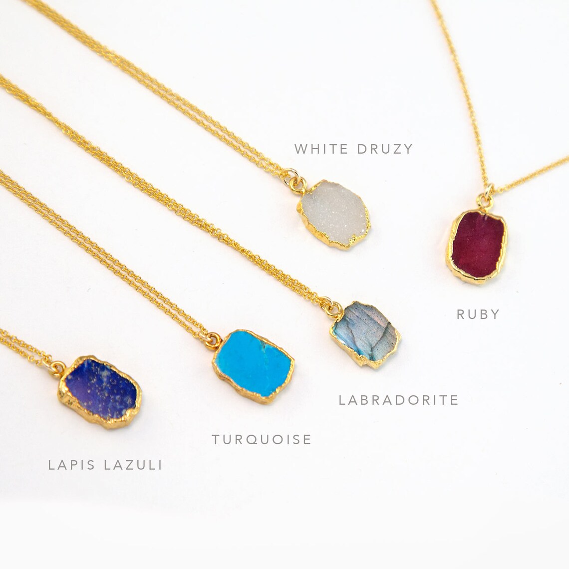 Gemstone Slice Pendant Necklace, Gold Edged Stone, 14k Gold Fill Chain ...