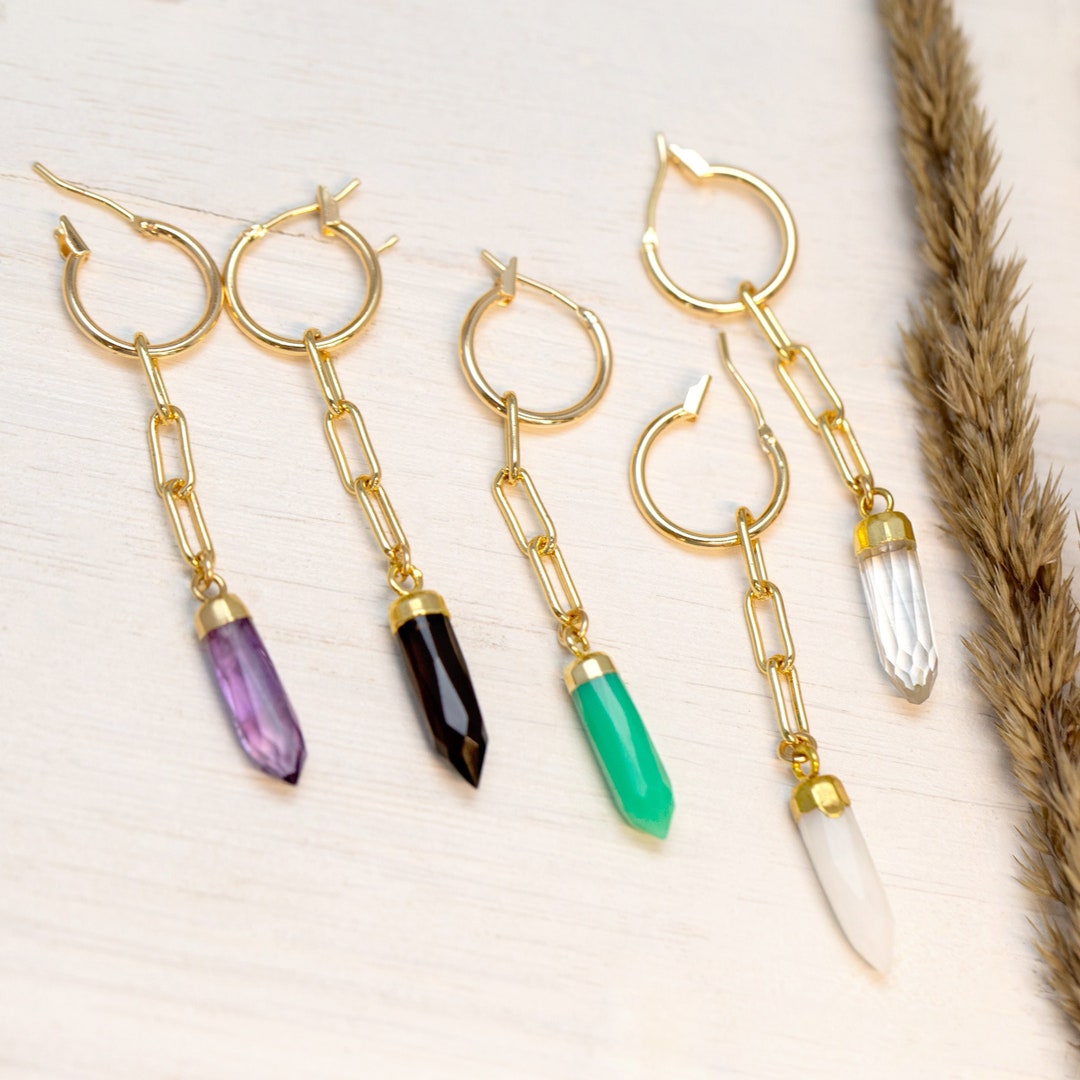 Crystal Spike Paperclip Chain Huggies, Gemstone Point Charm Huggie ...