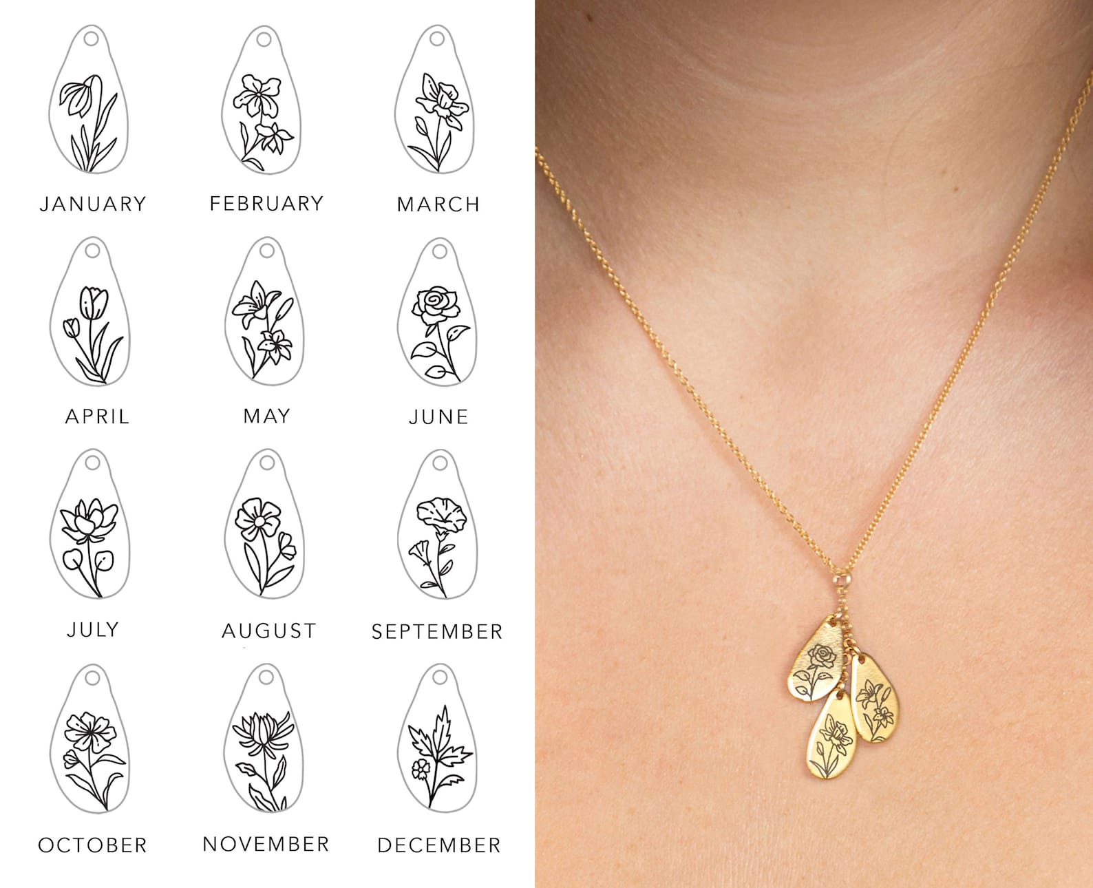 Personalized Birth Flower Necklace Mothers Gift Combined - Etsy