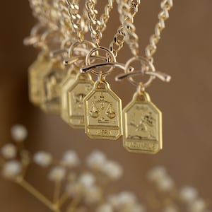 18K Gold Zodiac Sign Tag, Chunky Curb Chain Necklace Toggle, Rectangle ...