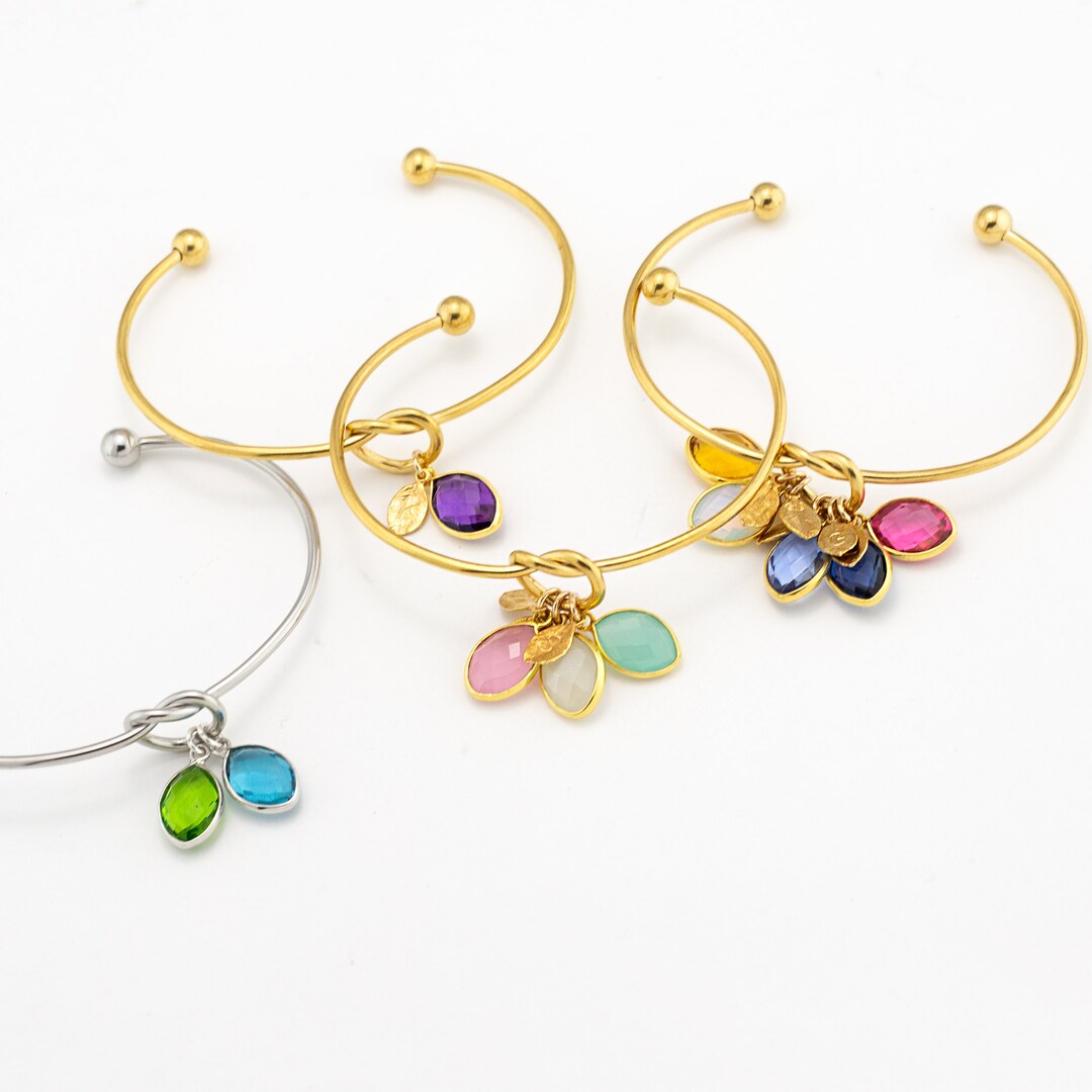 Gold Infinity Knot Bangle With Family Birthstones and Stamped Initials ...
