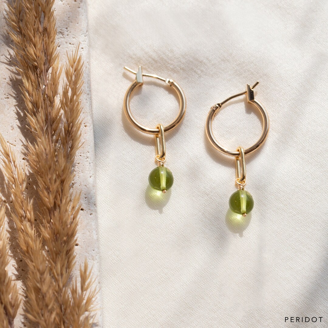 Tiny Peridot Hoops, August Birthstone Huggies, Genuine Gemstone Charm ...