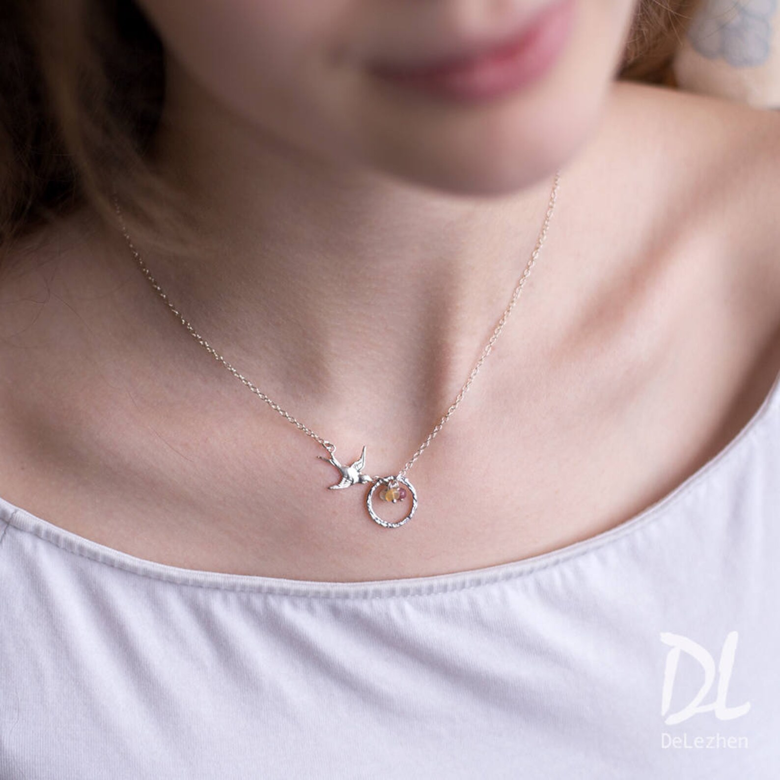 Bird Nest Charm Necklace Gold, Custom Birthstone Necklace, Egg Nest ...