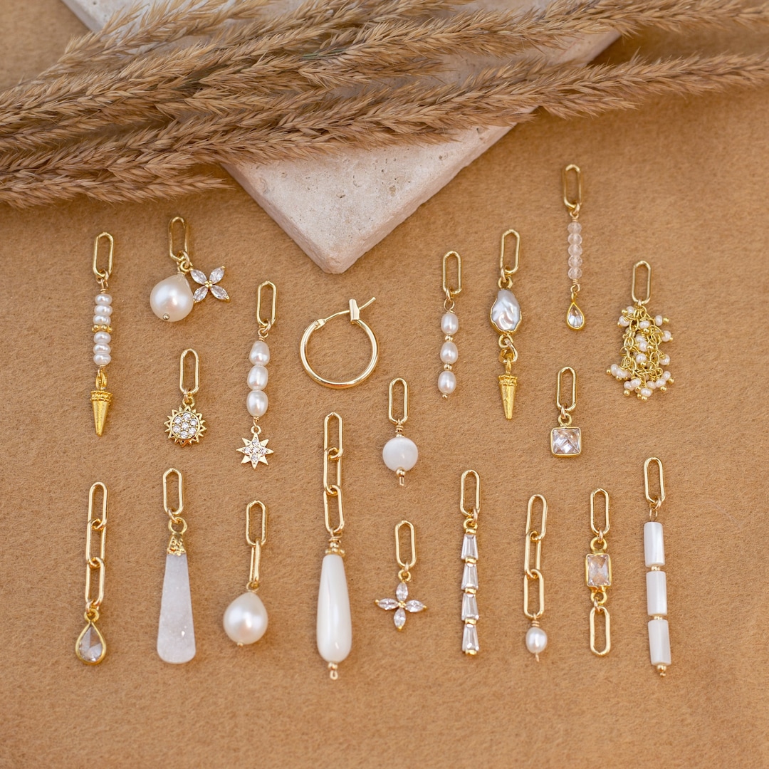 Pearl Charm Hoops, Custom Dangle Huggies With Interchangeable Charms ...