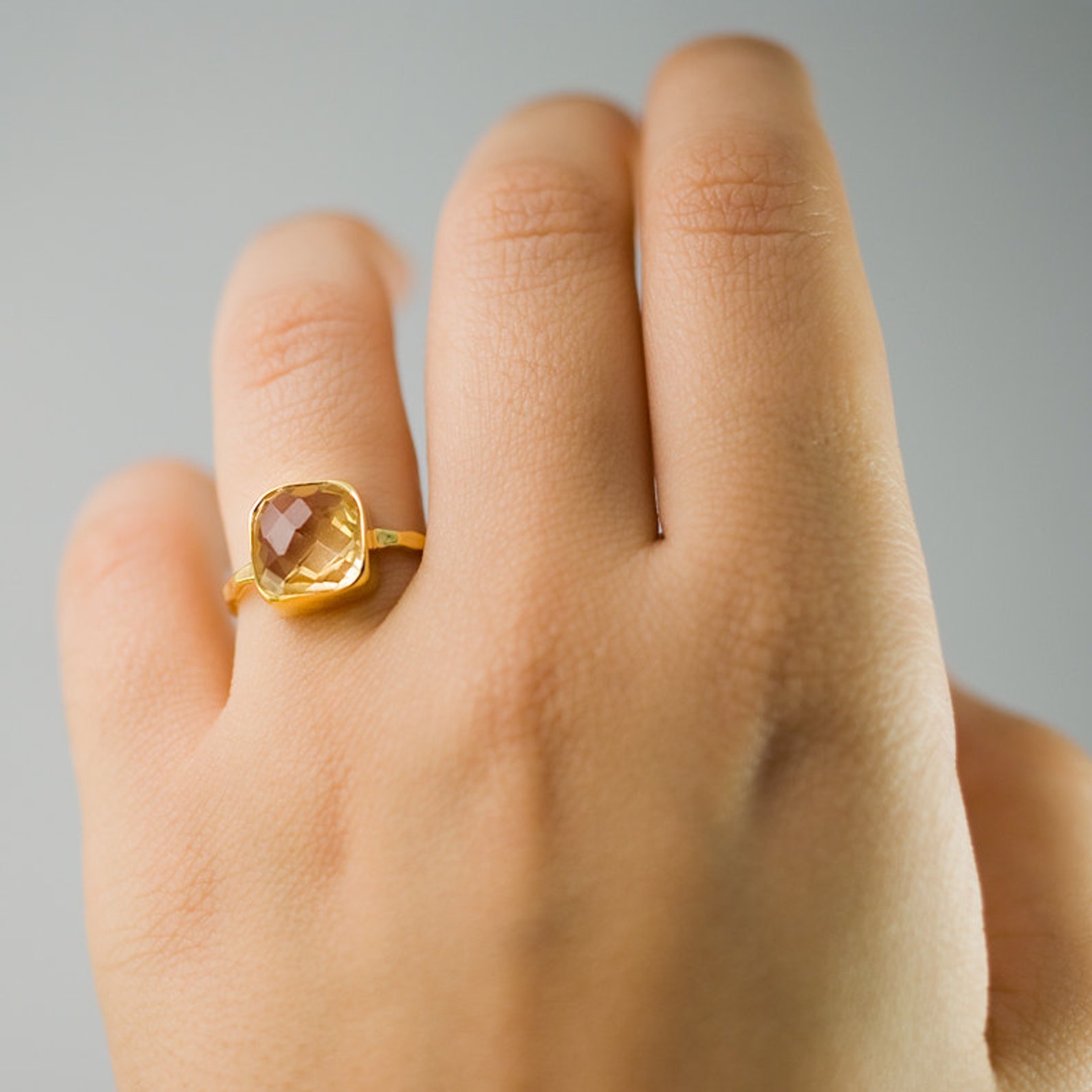 Yellow Citrine Ring Gold, November Birthstone Ring, Square Stone Ring ...