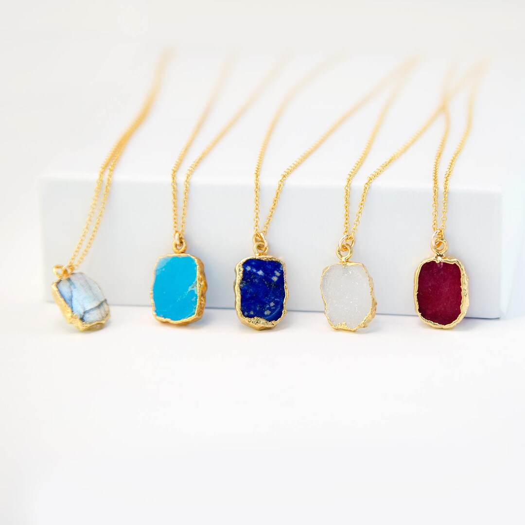 Gemstone Slice Pendant Necklace, Gold Edged Stone, 14k Gold Fill Chain ...