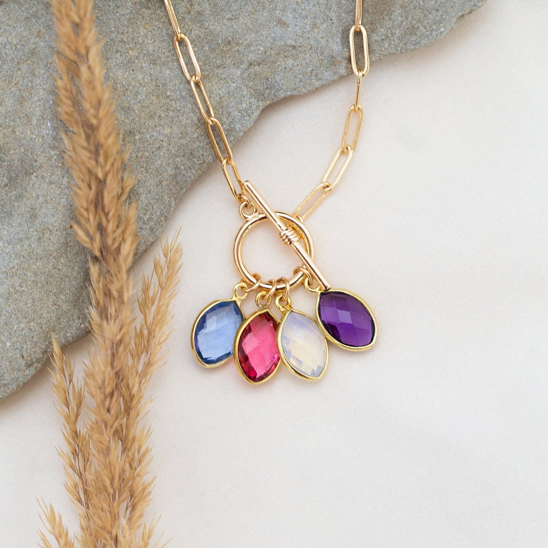 Family Birthstone Necklace, Paperclip Chain Necklace With Charms ...