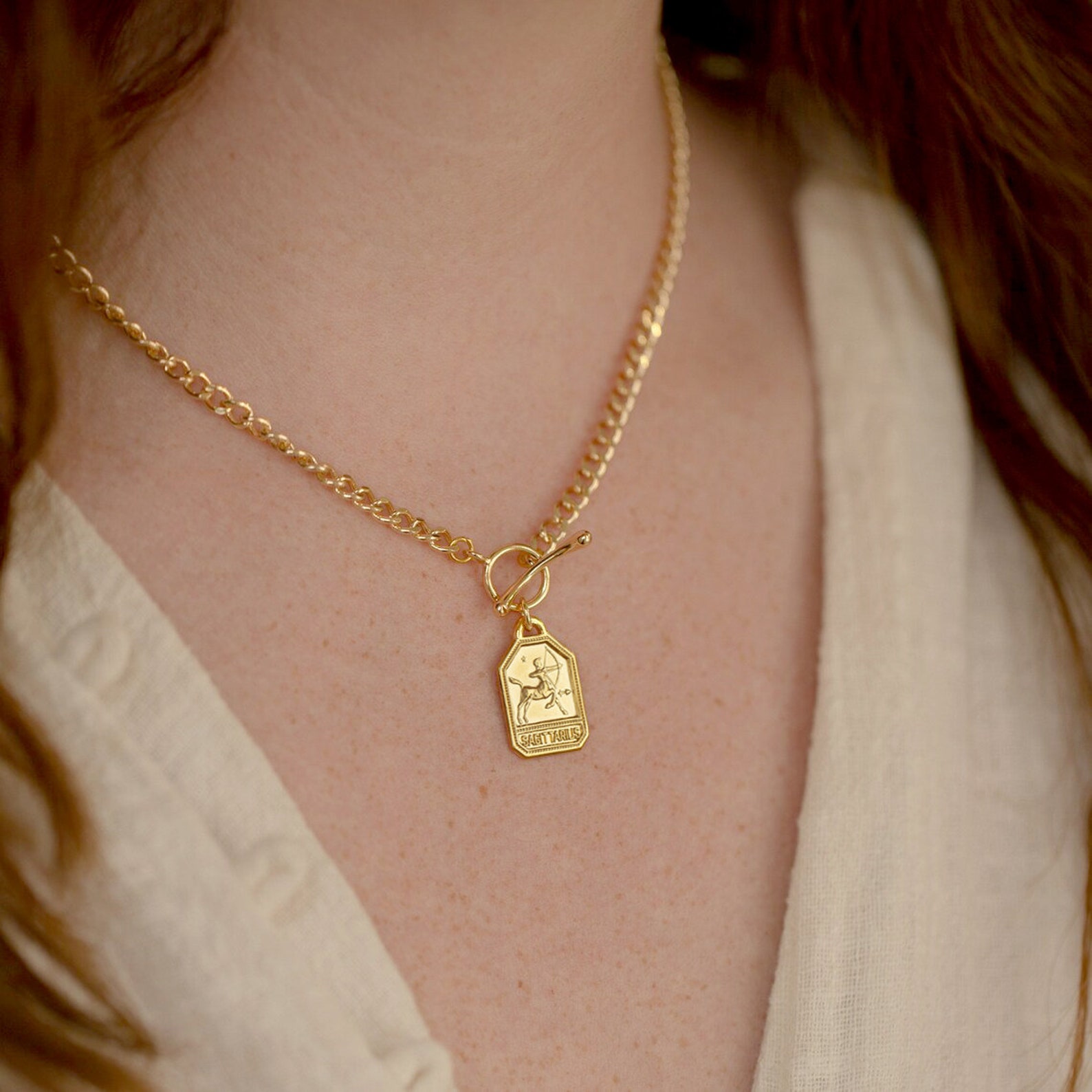 18K Gold Zodiac Sign Tag, Chunky Curb Chain Necklace Toggle, Rectangle ...