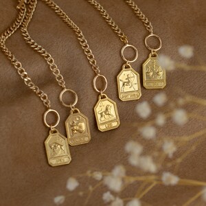 18K Gold Zodiac Sign Tag, Chunky Curb Chain Necklace Toggle, Rectangle Zodiac Pendant, Astrology ...