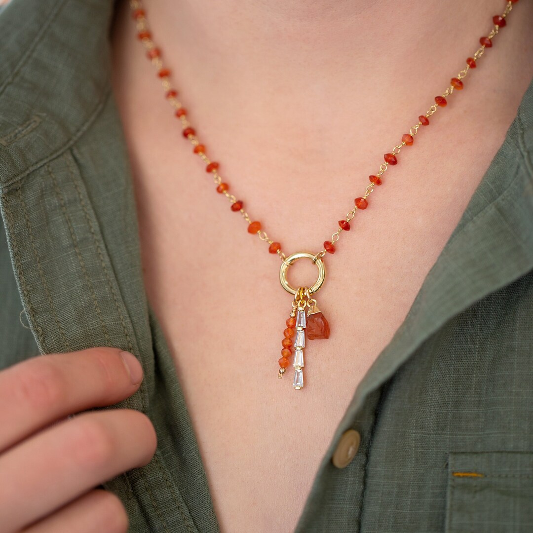 Beaded Necklace With Pendant Charms, Carnelian Crystal Carabiner Front ...