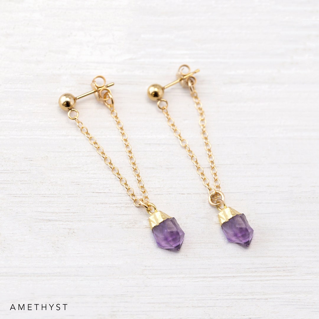 Birthstone Chain Drop Studs, Raw Cut Amethyst Crystals, Stud Chain ...
