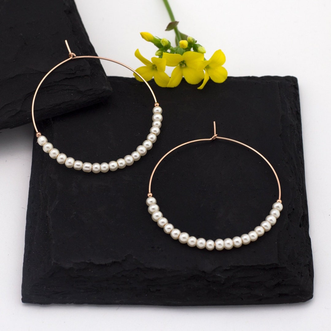 Modern Pearl Hoops, Beaded Pearl Earrings, Delicate Freshwater Pearl ...