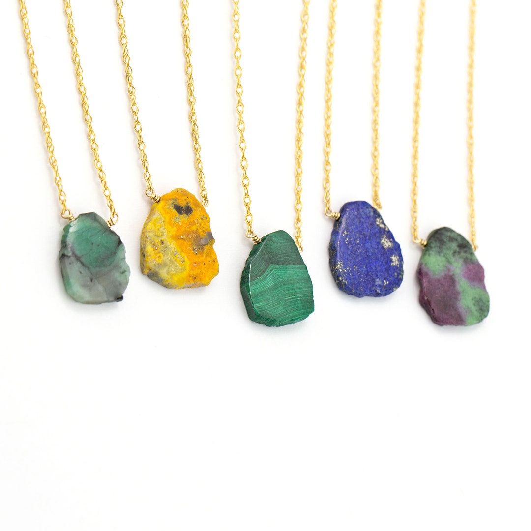 Natural Gemstone Slice Necklace, Wire Wrapped Genuine Raw Cut Stone ...